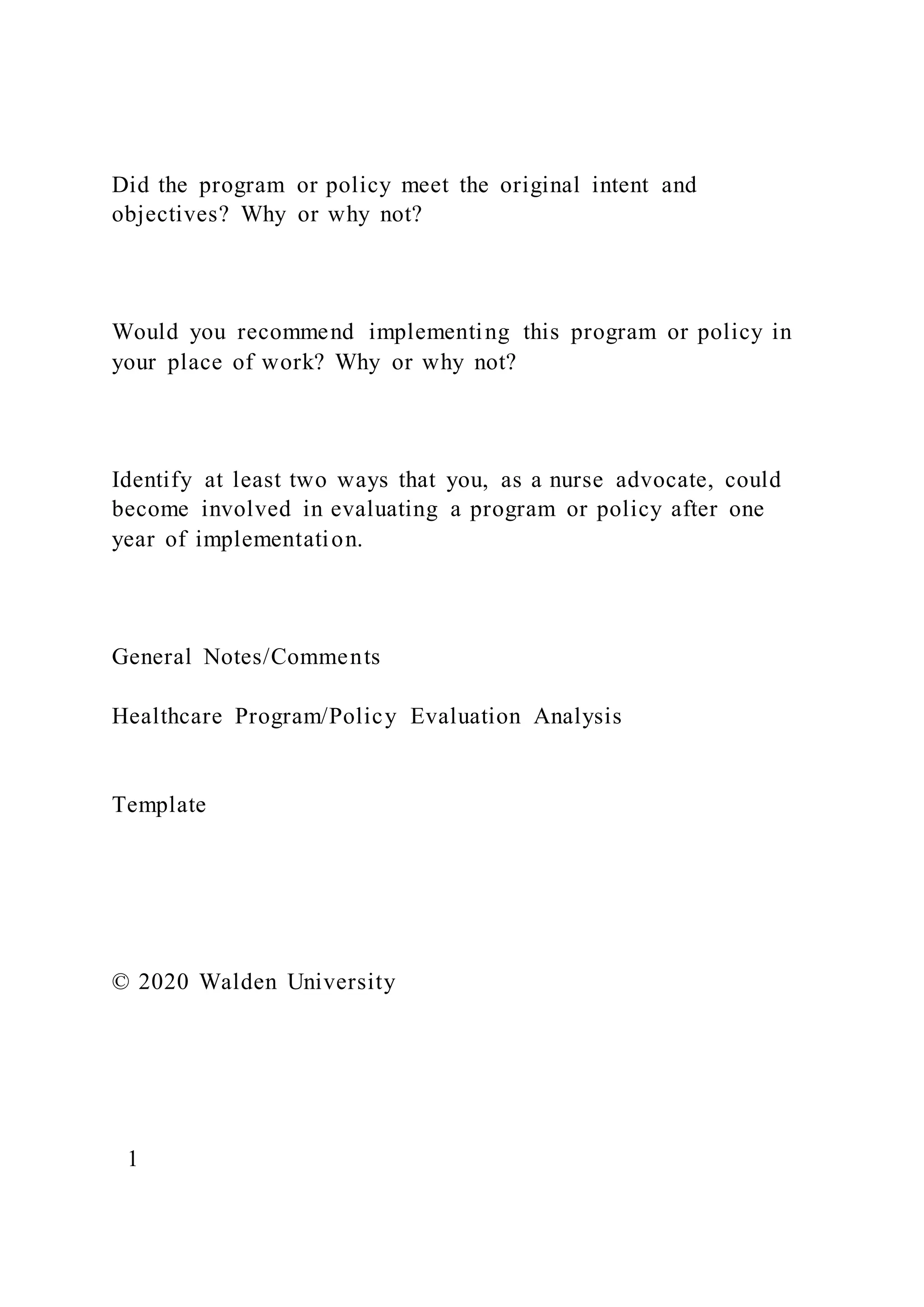 Healthcare ProgramPolicy Evaluation Analysis TemplateUse th | PDF