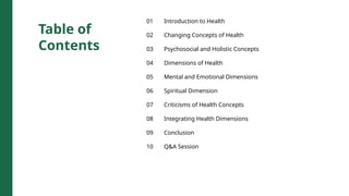HEALTH, changing concepts of health and Different dimensions of health ...