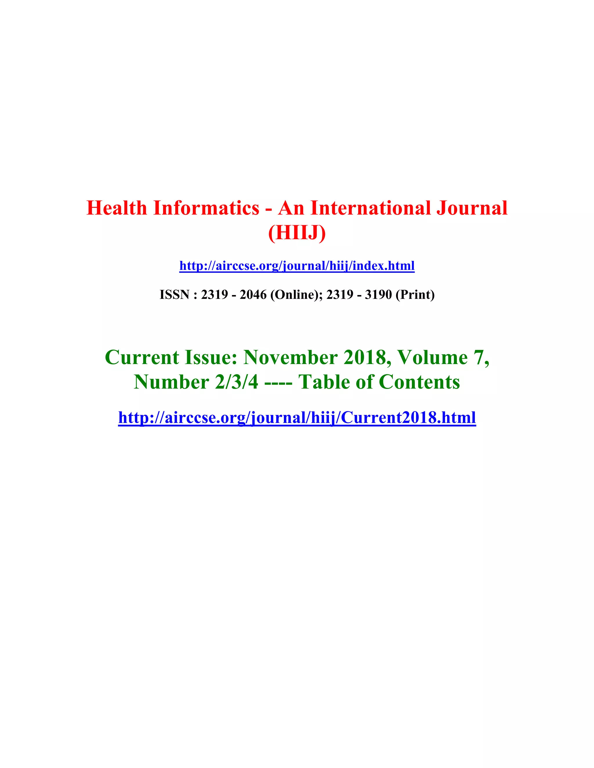 Health informatics an international journal (hiij) -- november 2018 ...