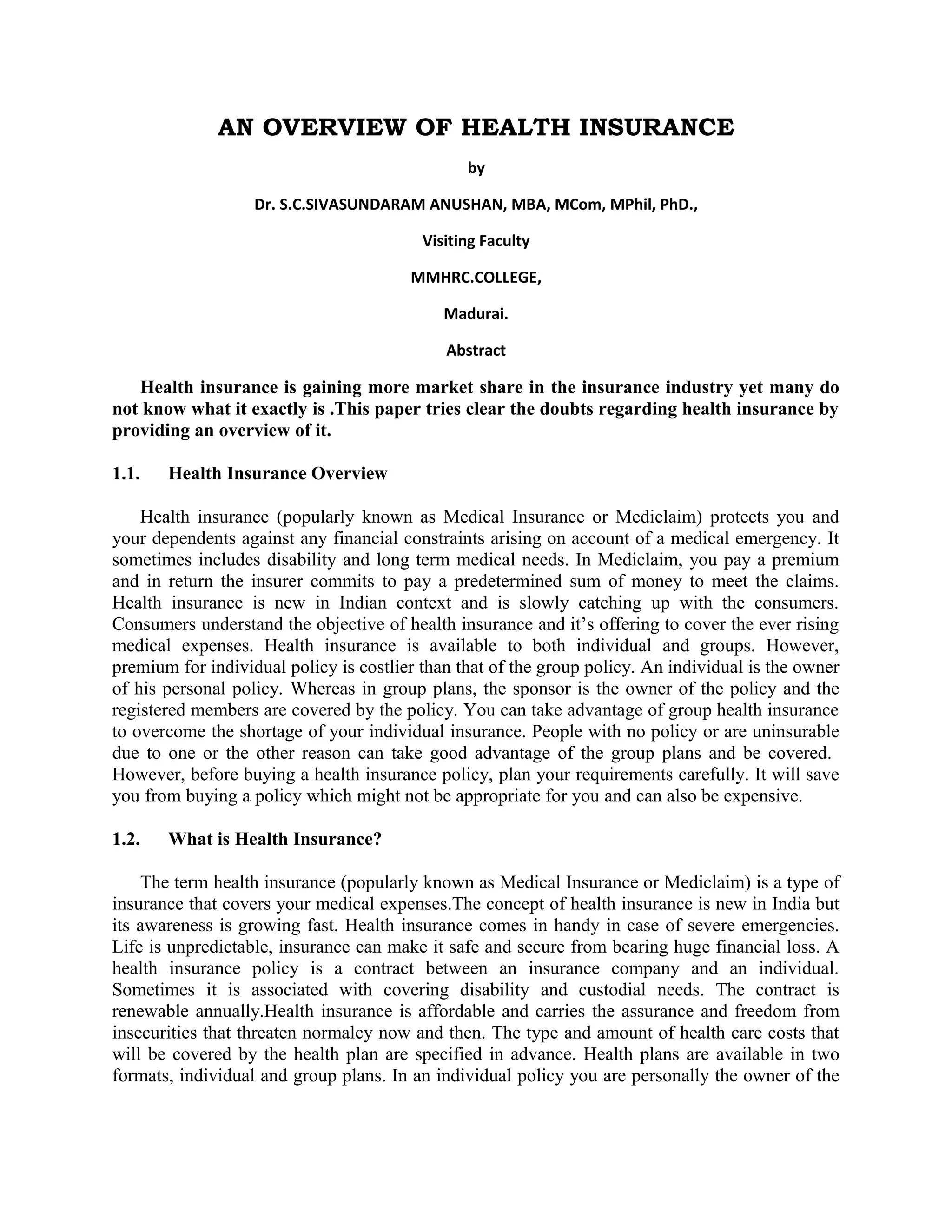 Health insurance an overview | DOC