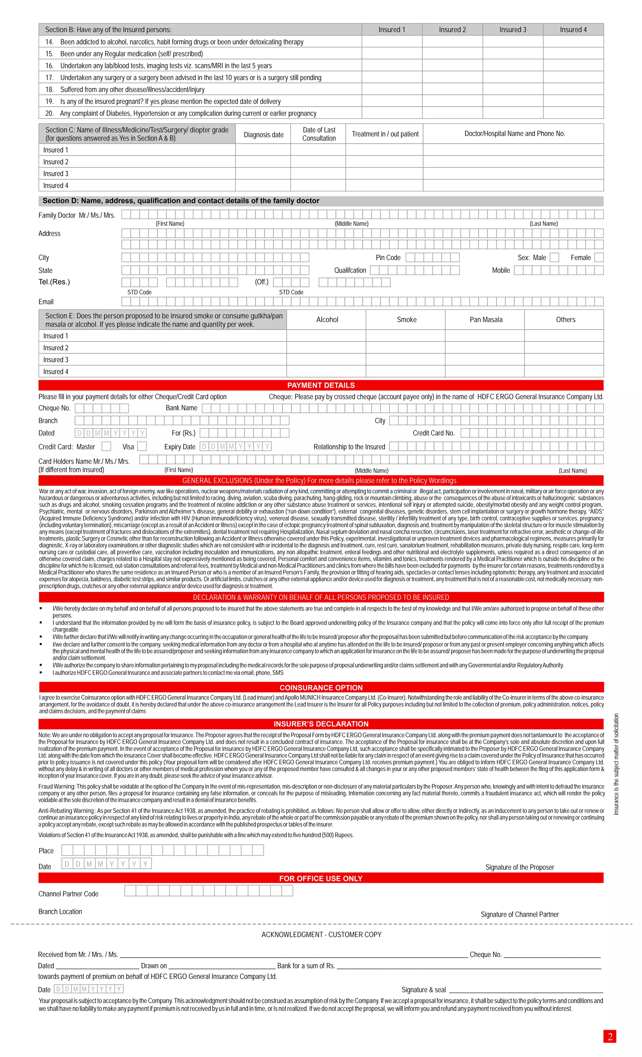 Health Insurance Proposal Form - HDFC ERGO | PDF