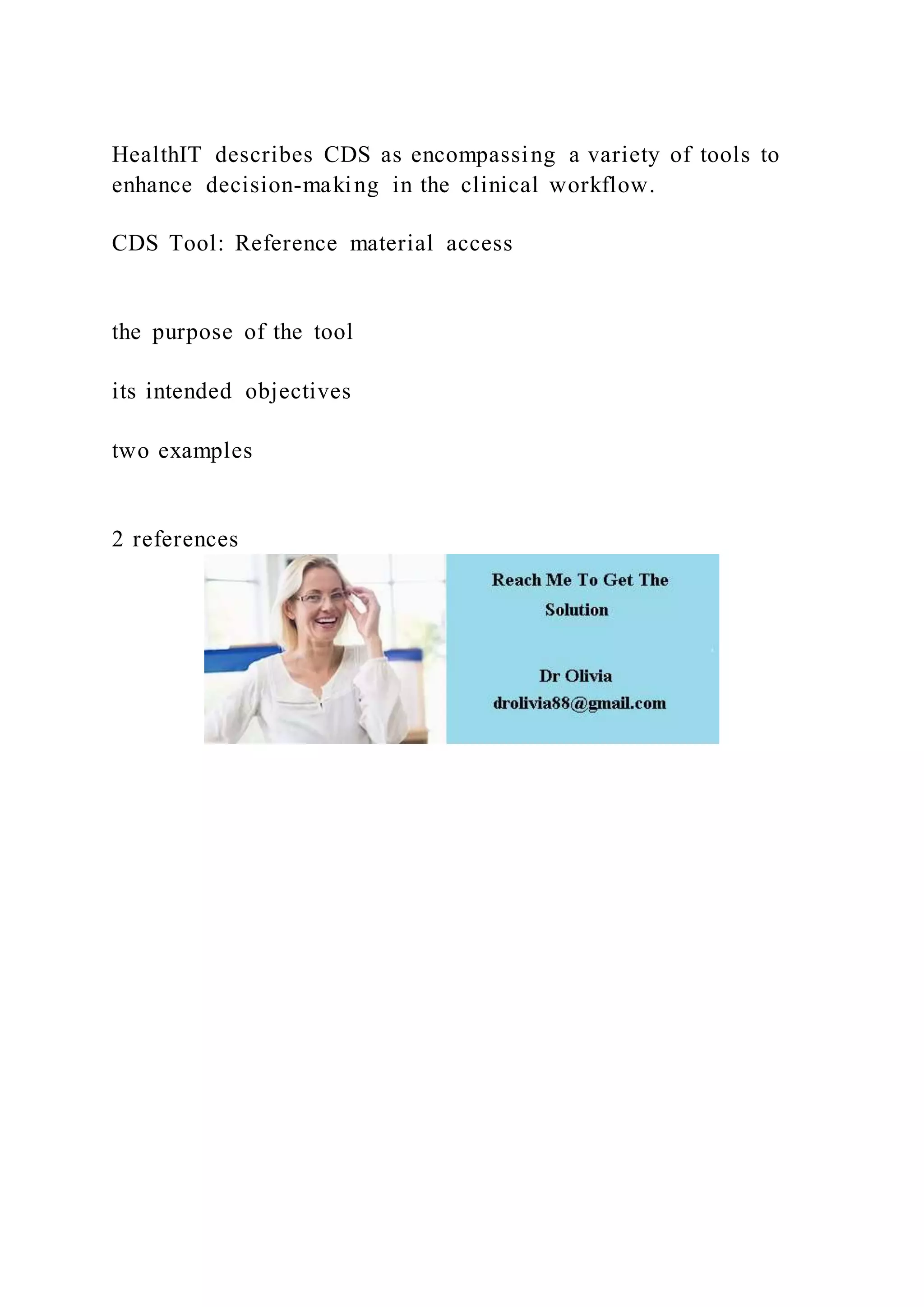 HealthIT describes CDS as encompassing a variety of tools to enhance | DOCX