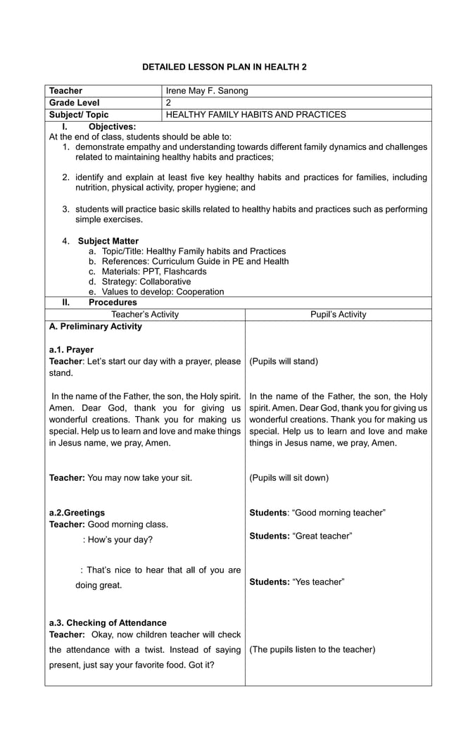 health LP.docx lesson plan in Health 2 | DOCX | Children\'s Health | Healthy Living
