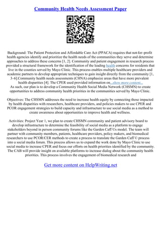 Health Needs Assessment Essay | PDF