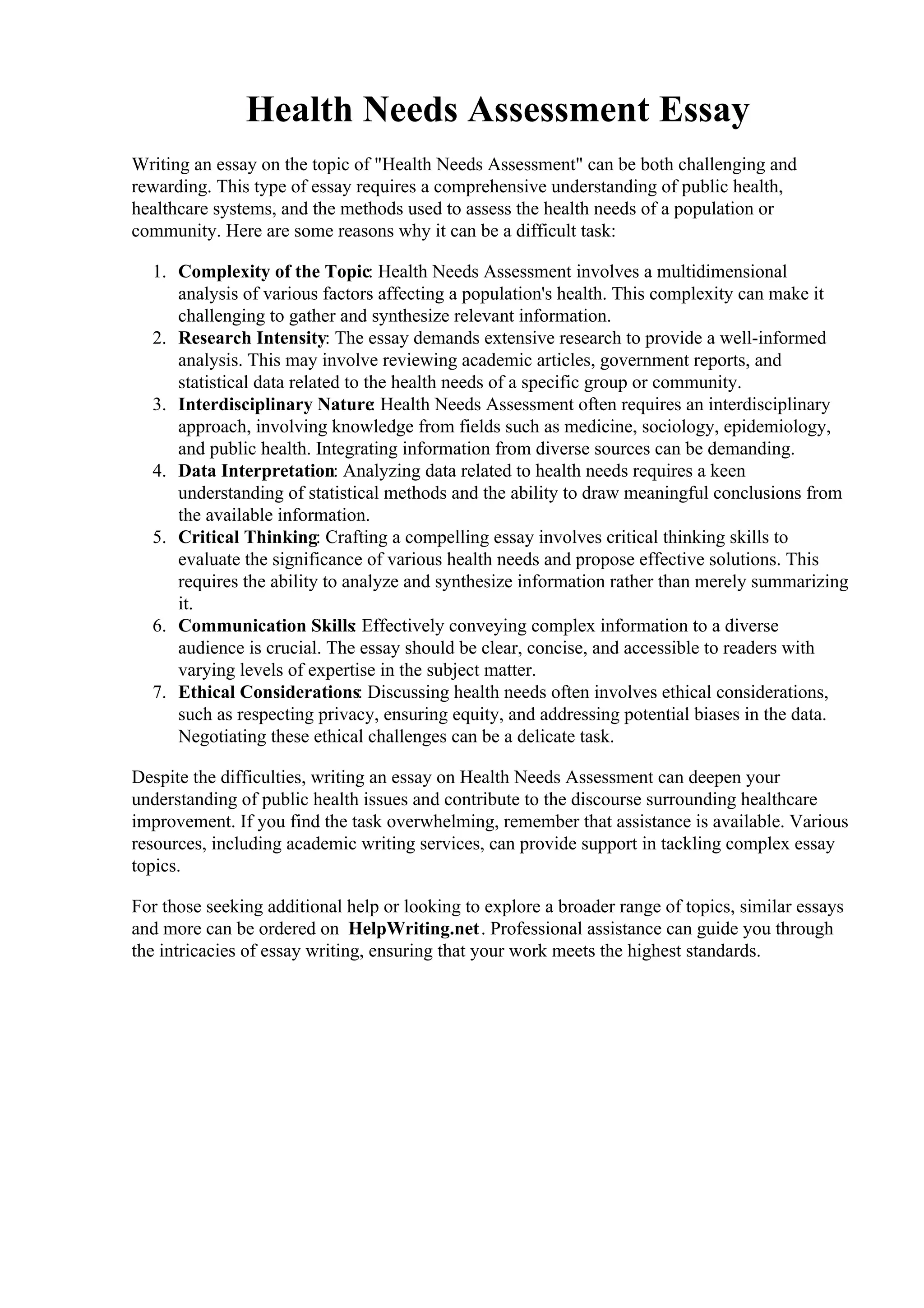 Health Needs Assessment Essay | PDF