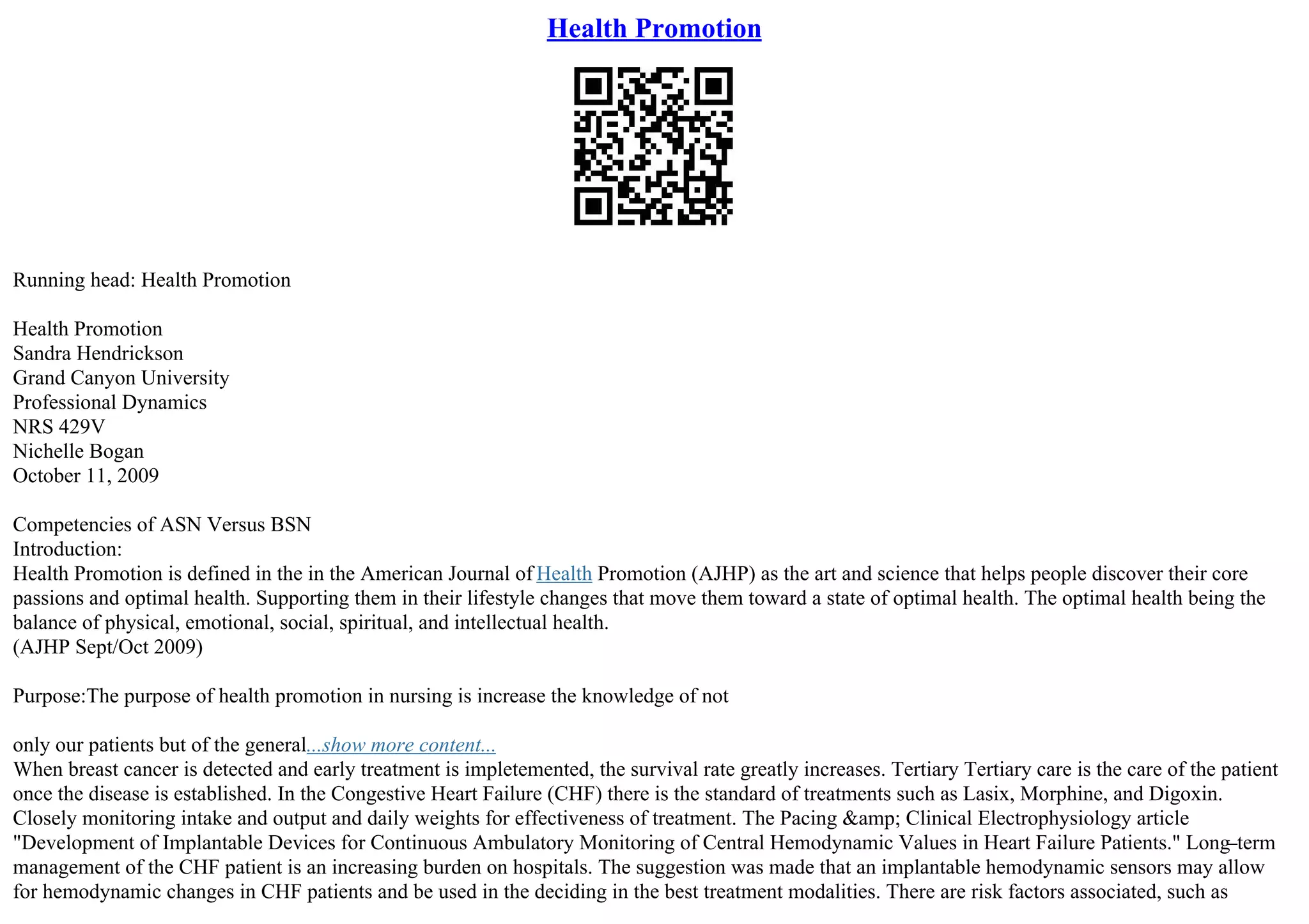 Health Promotion Goals | PDF