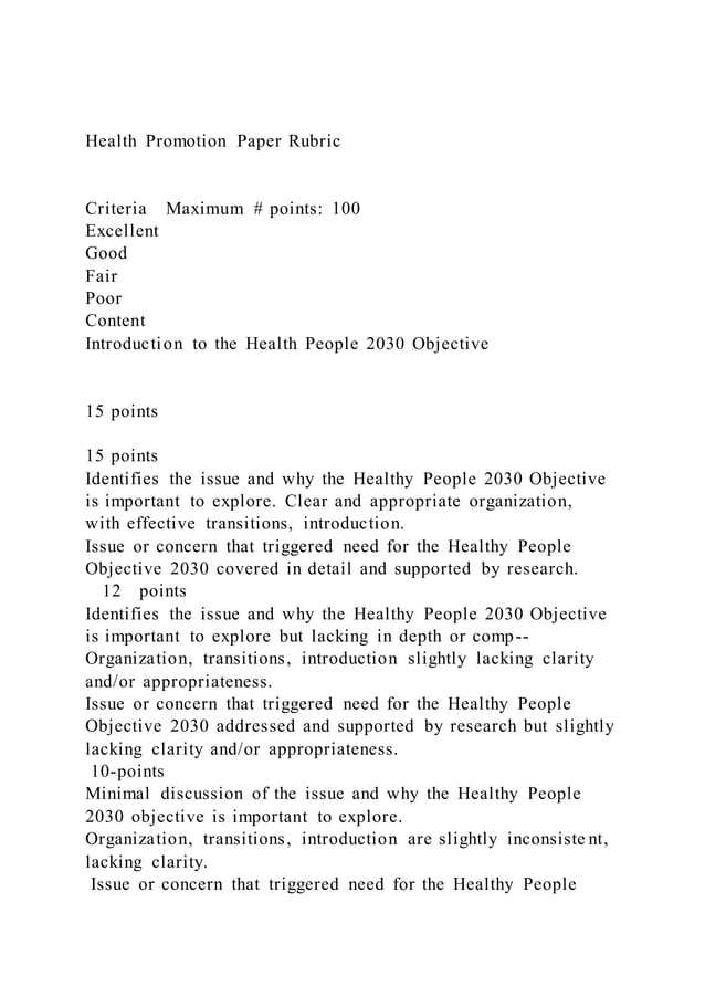 Health promotion paper rubric criteria maximum # points | PDF