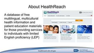 HealthReach (https://healthreach.nlm.nih.gov/) by Laura Laura Bartlett ...