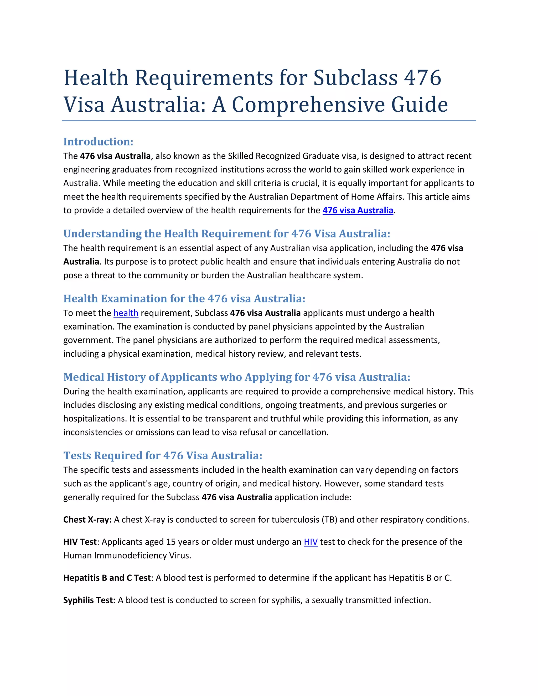 Health Requirements for Subclass 476 Visa Australia A Comprehensive ...