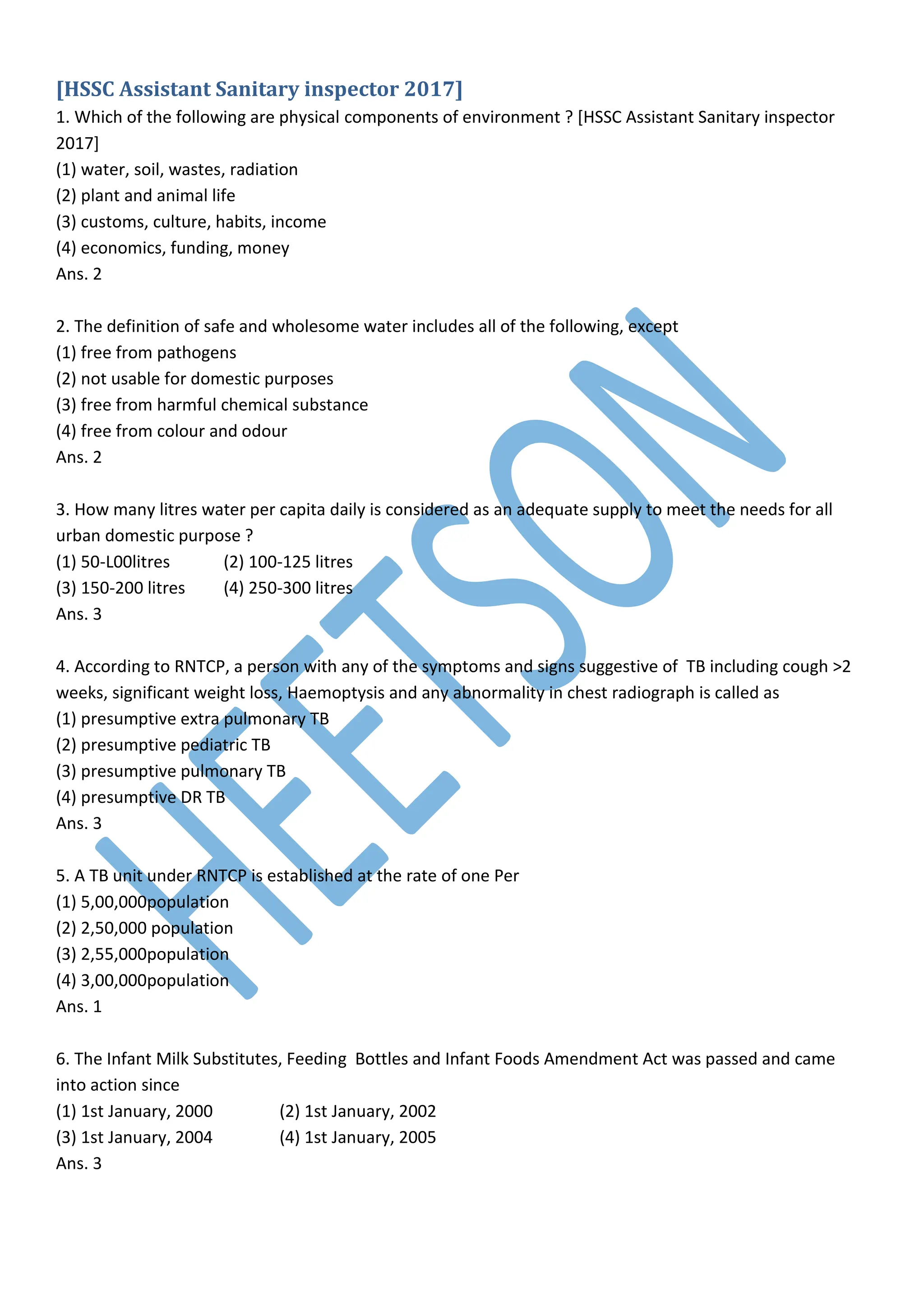 Health Sanitary Inspector MCQ Book PDF Free Download | PDF