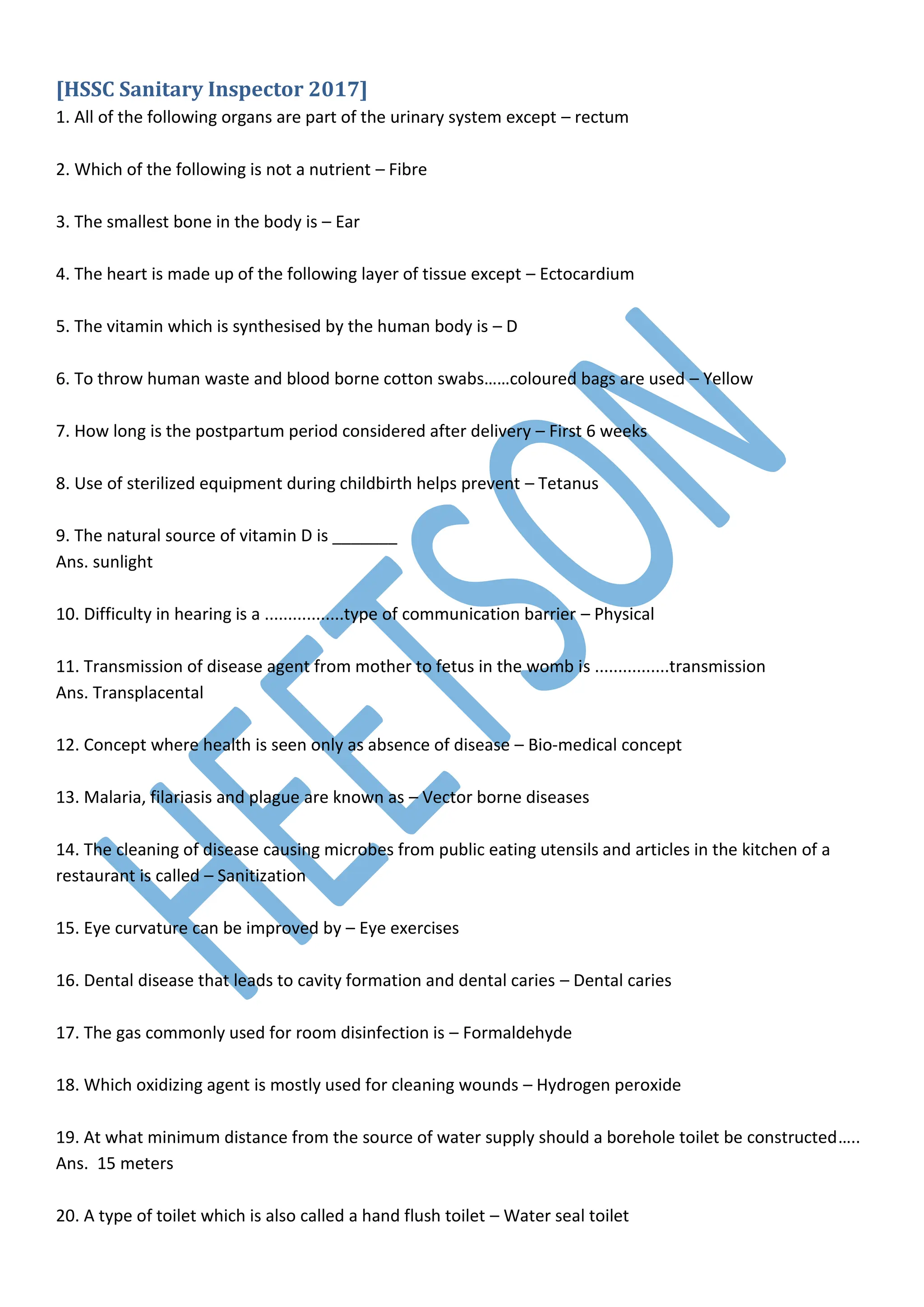 Health Sanitary Inspector MCQ Book PDF Free Download | PDF