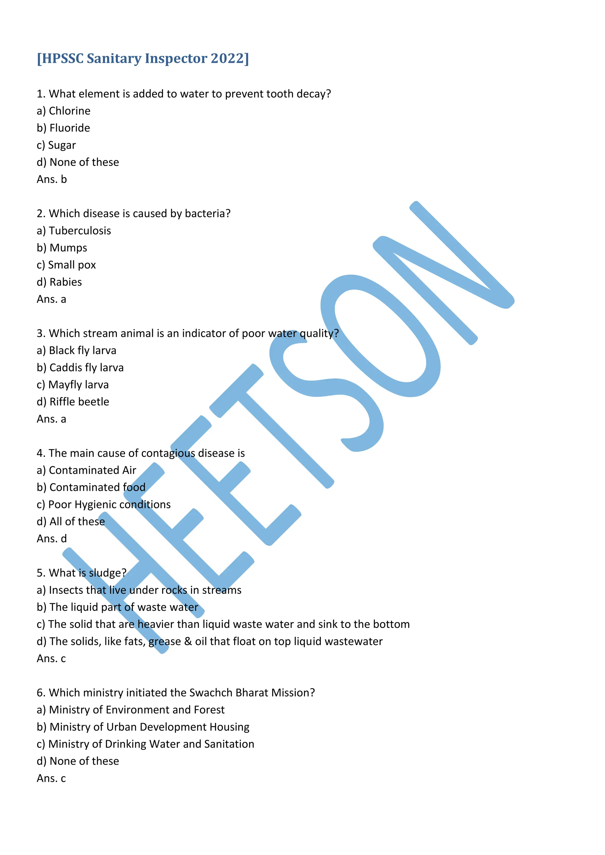 Health Sanitary Inspector MCQ Book PDF Free Download | PDF