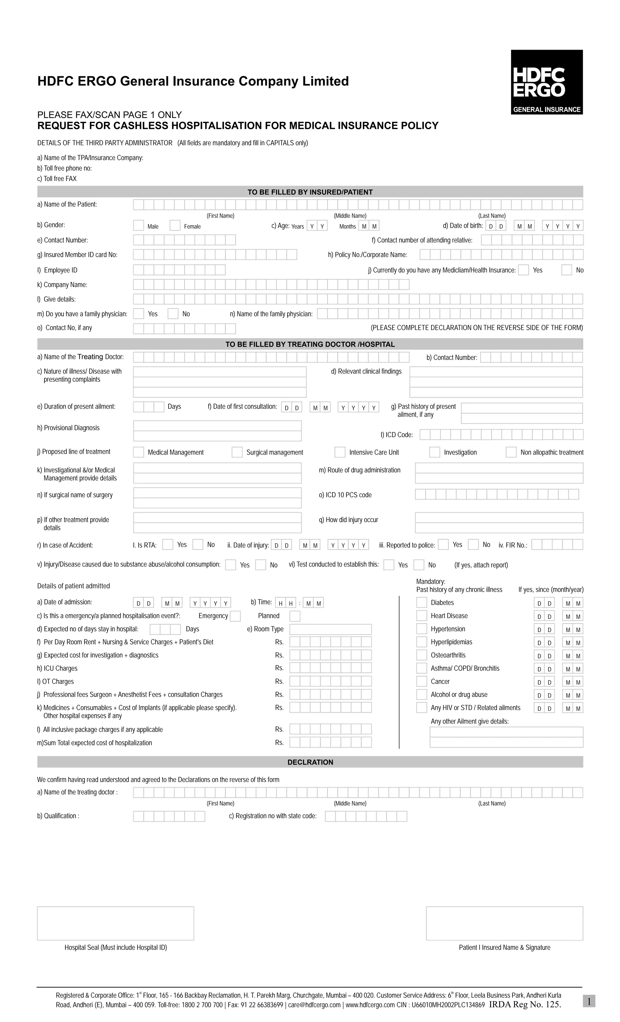 Health Suraksha Health Insurance Claim Form - HDFC ERGO | PDF