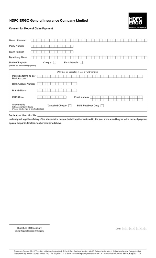 Health Suraksha Health Insurance Claim Form - HDFC ERGO | PDF | Health Insurance | Insurance