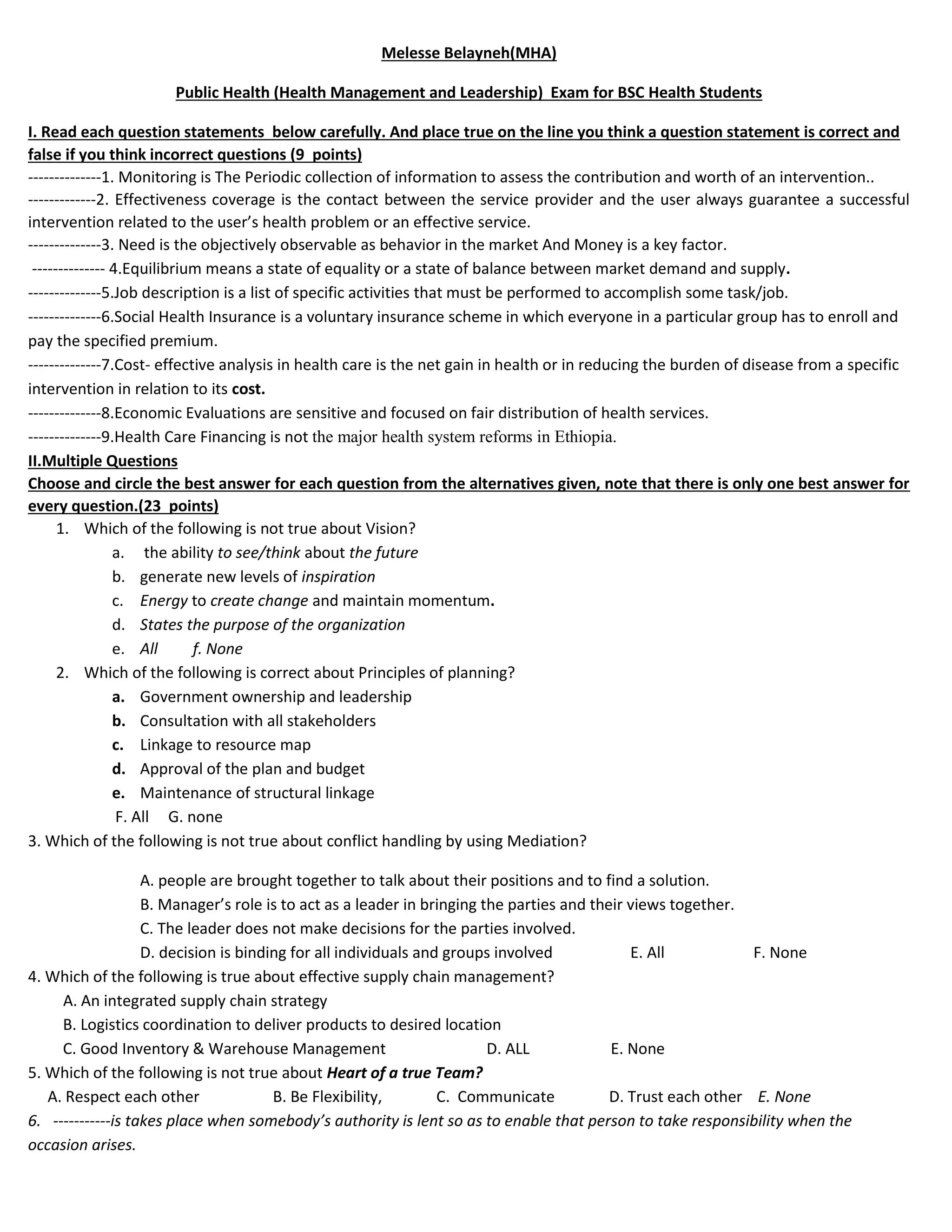 Melesse Belayneh: Health system management exam | PDF