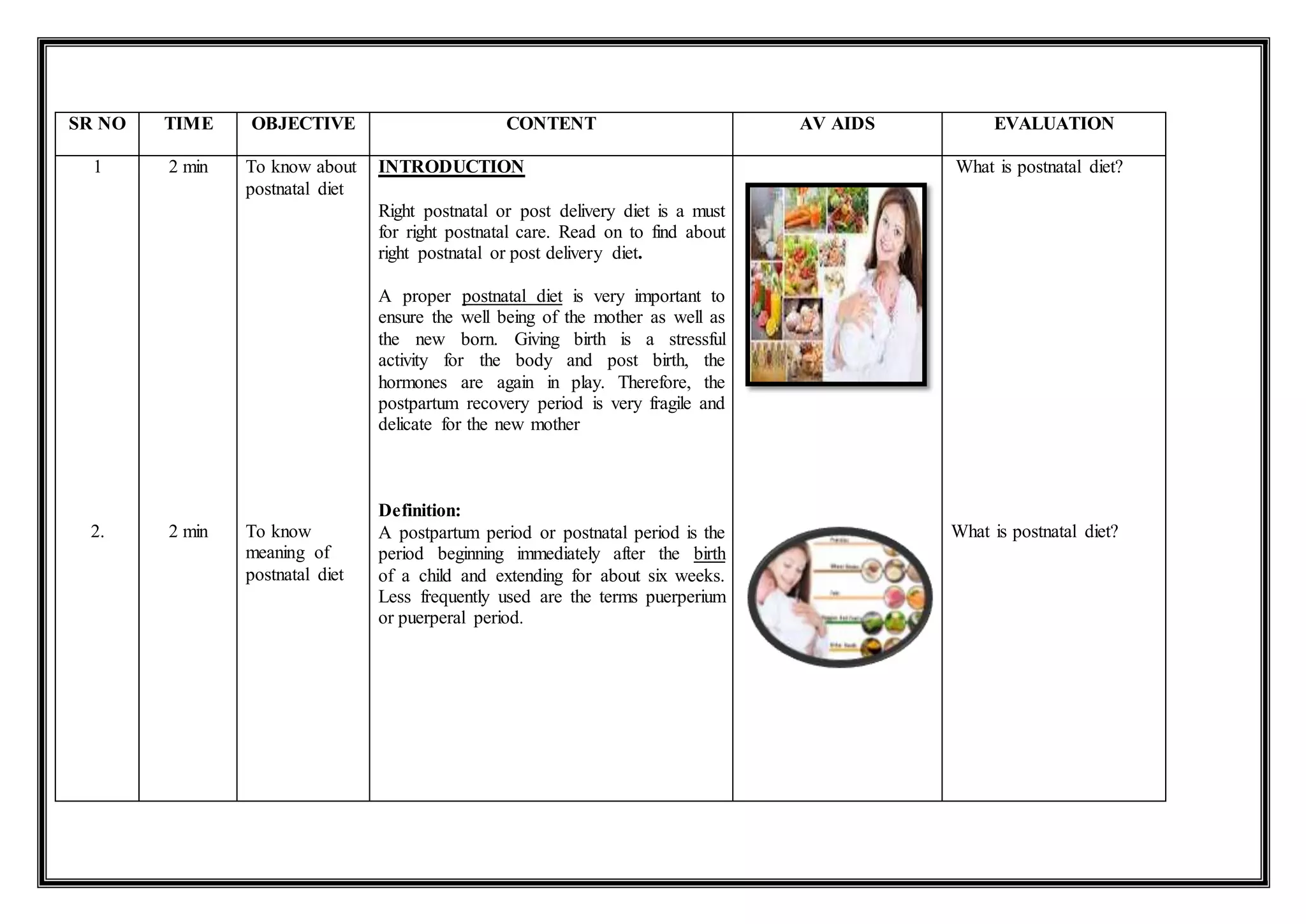 Health talk on postnatal diet lesson Plan use in Clinical Submission in ...