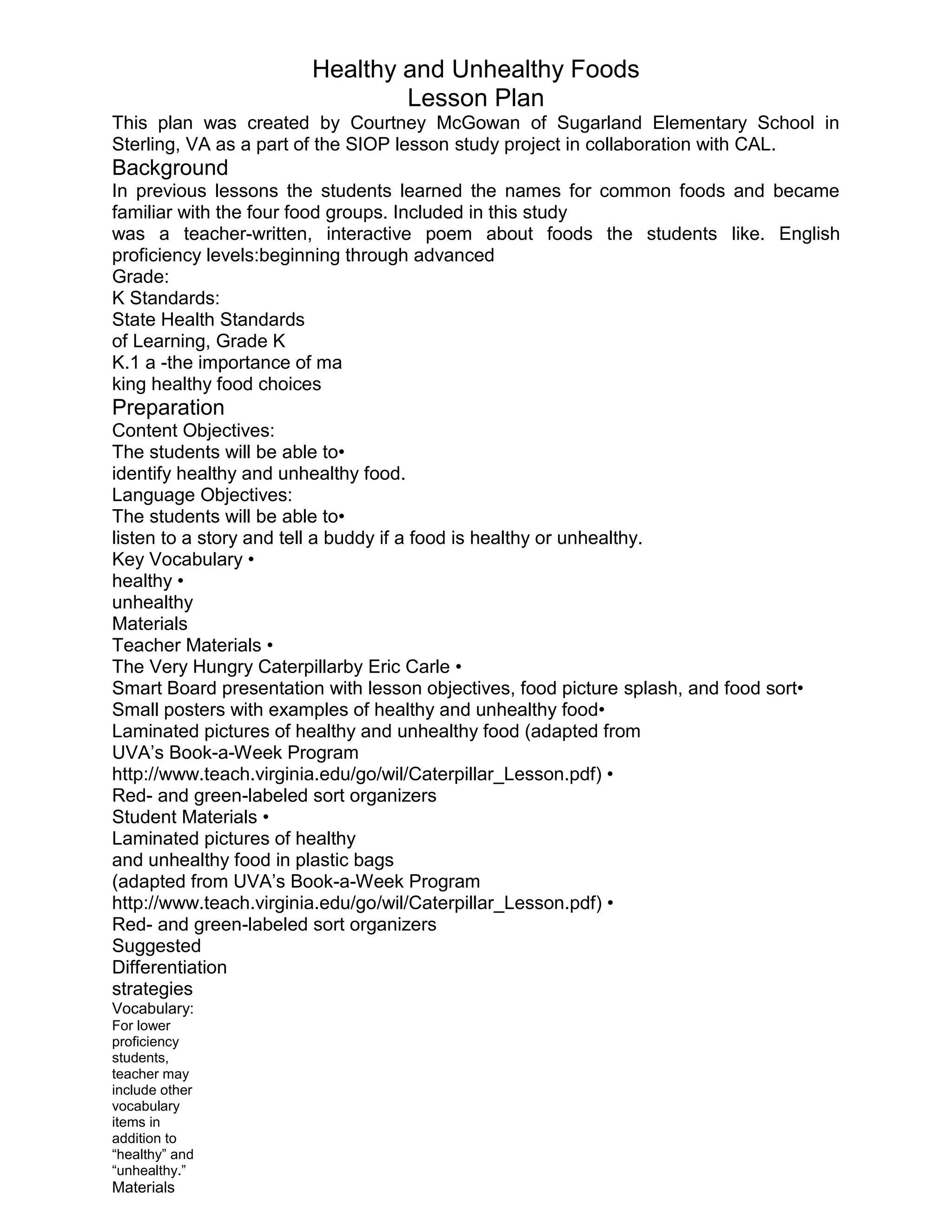 Healthy and unhealthy foods | DOCX