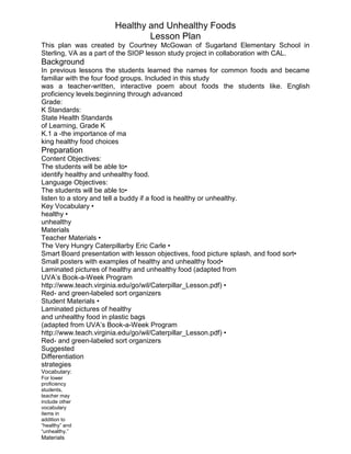 Healthy and unhealthy foods | DOCX | Educational Assessment | Education