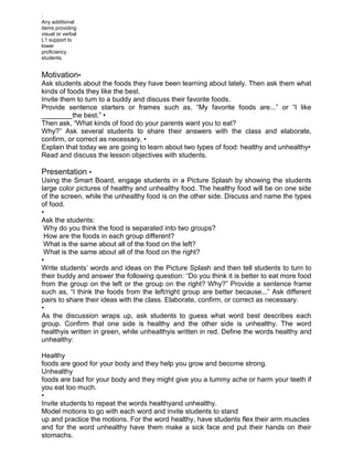 Healthy and unhealthy foods | DOCX | Educational Assessment | Education