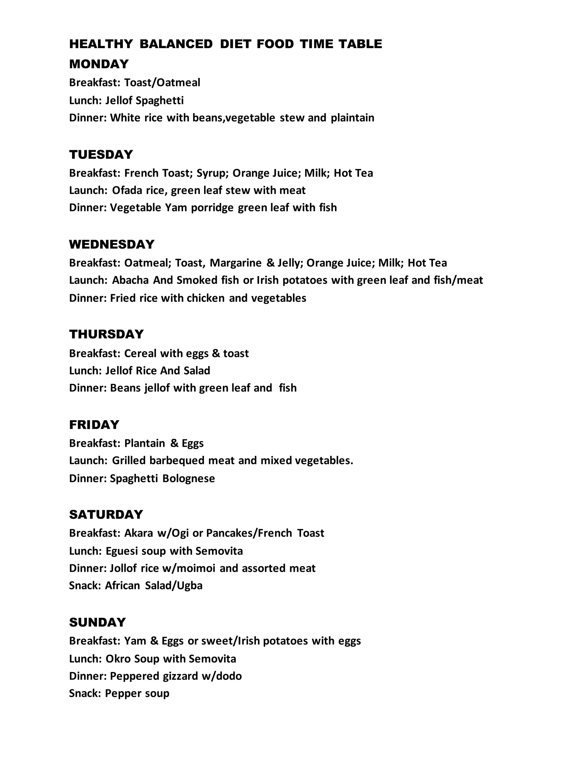 Healthy balanced diet food time table | DOCX