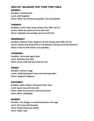 Healthy balanced diet food time table | DOCX