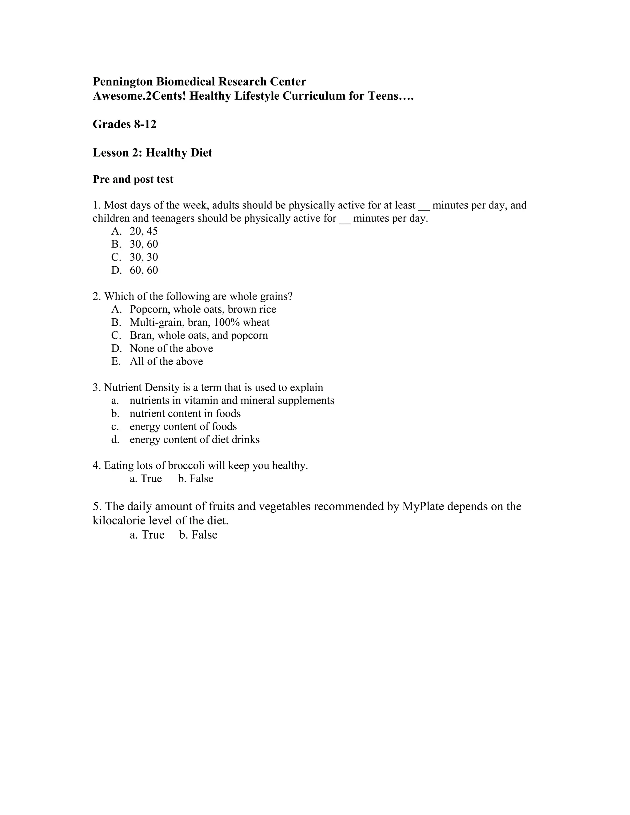 Healthy diet Unit 2 pre and post test | PDF