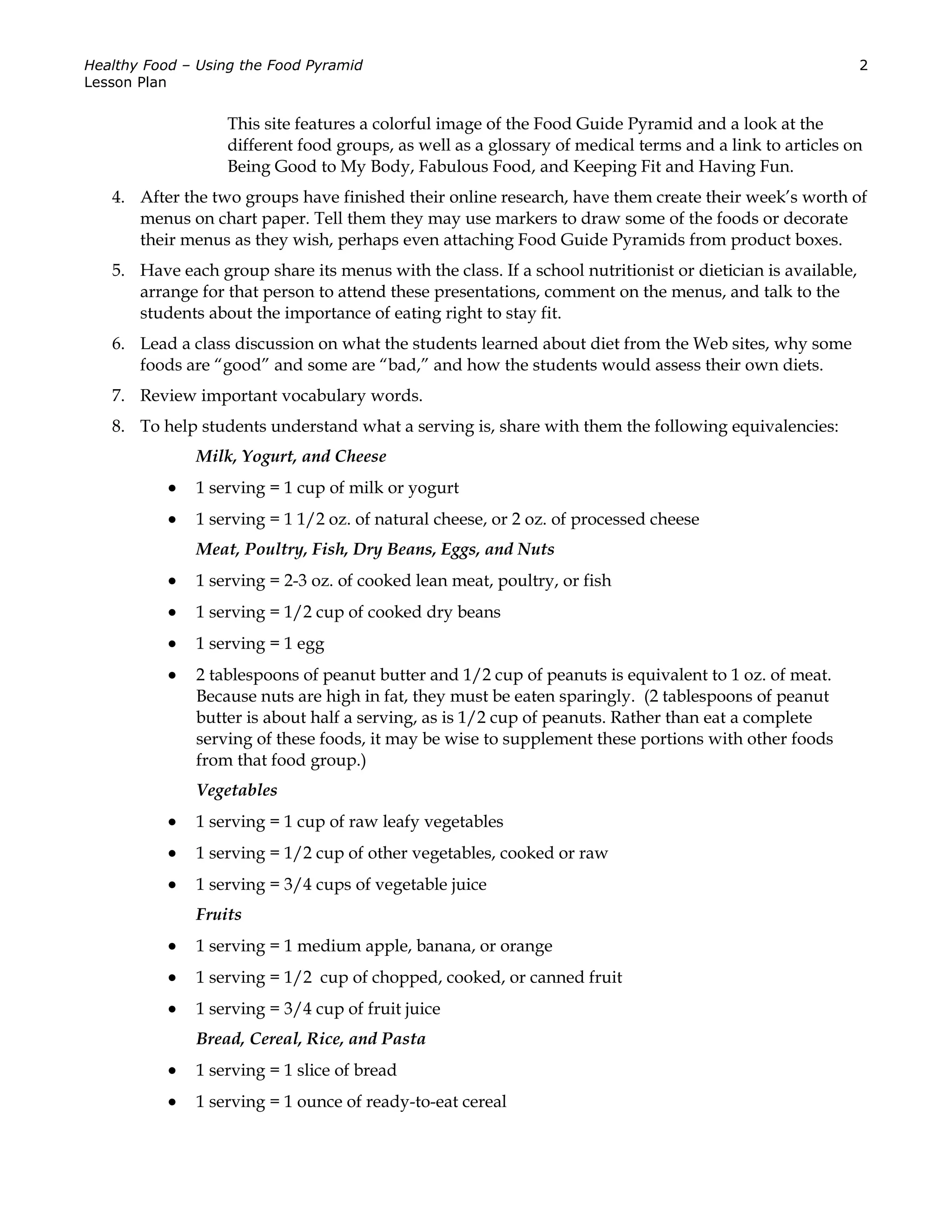 Healthy food lesson plan | DOC