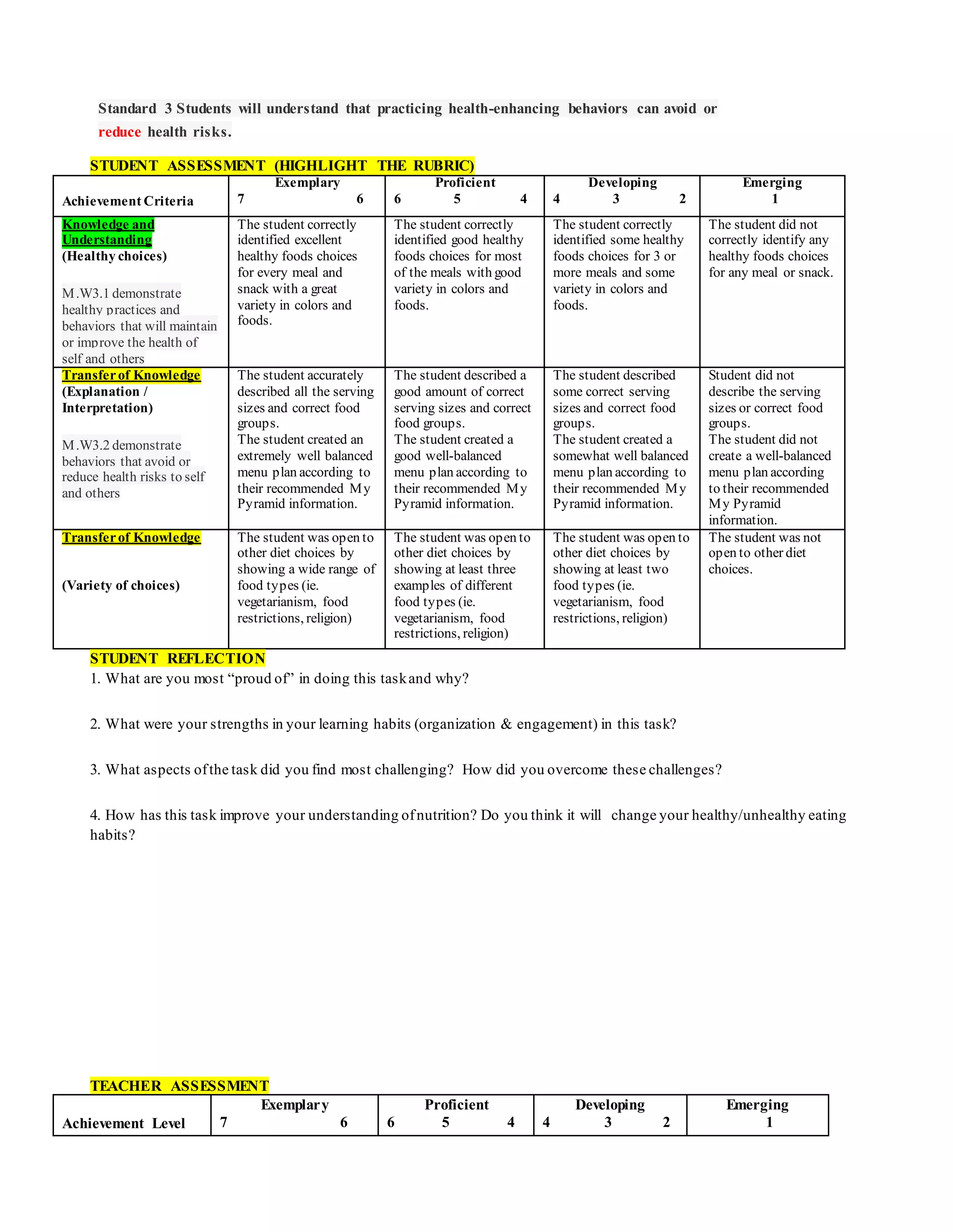 Healthy menu rubric | DOCX
