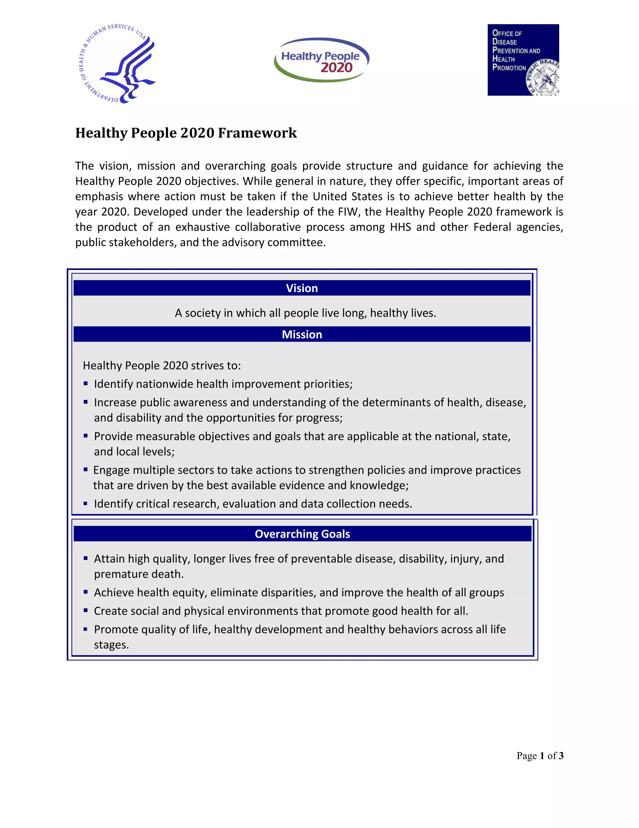 Healthy People2020 Framework | PDF