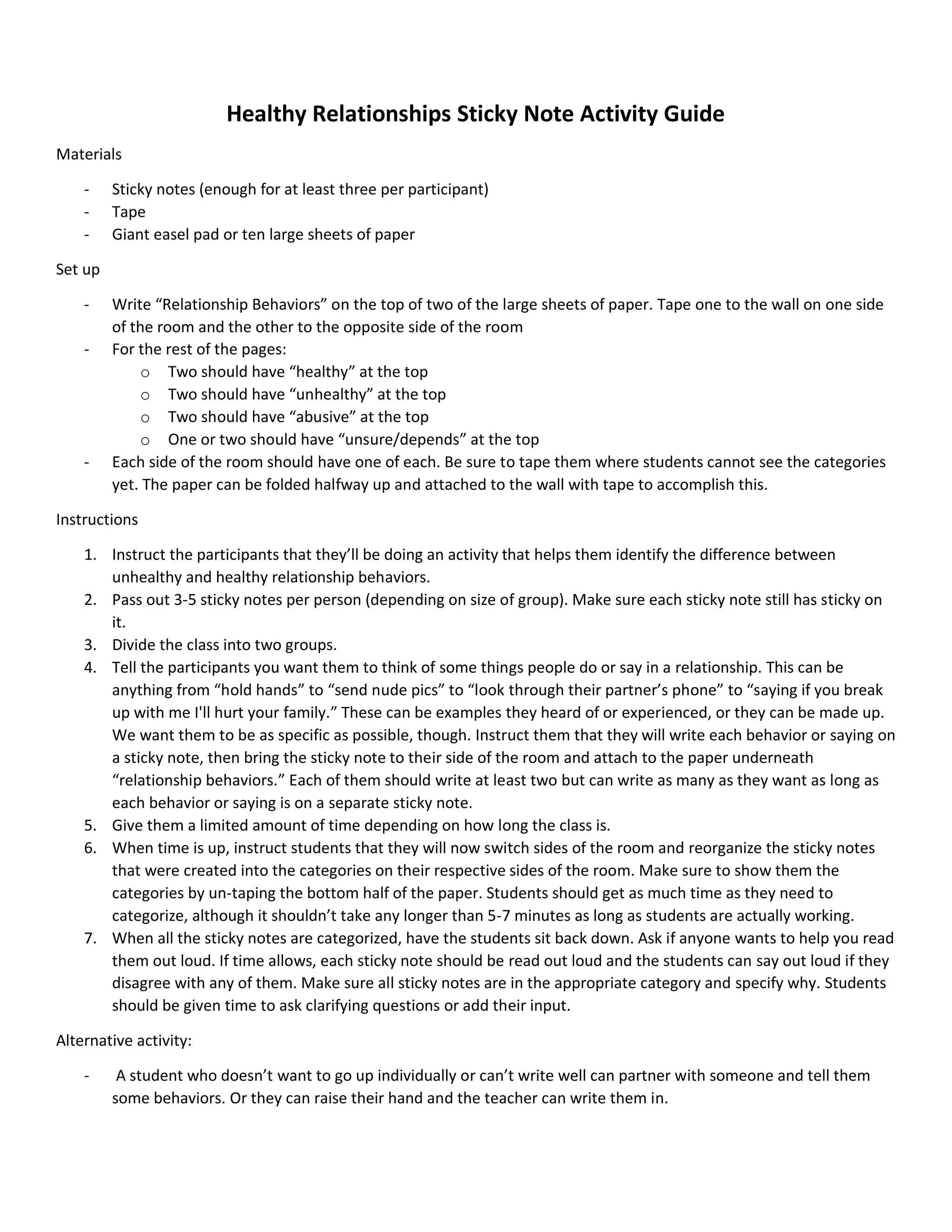 Healthy relationships sticky note activity guide | PDF