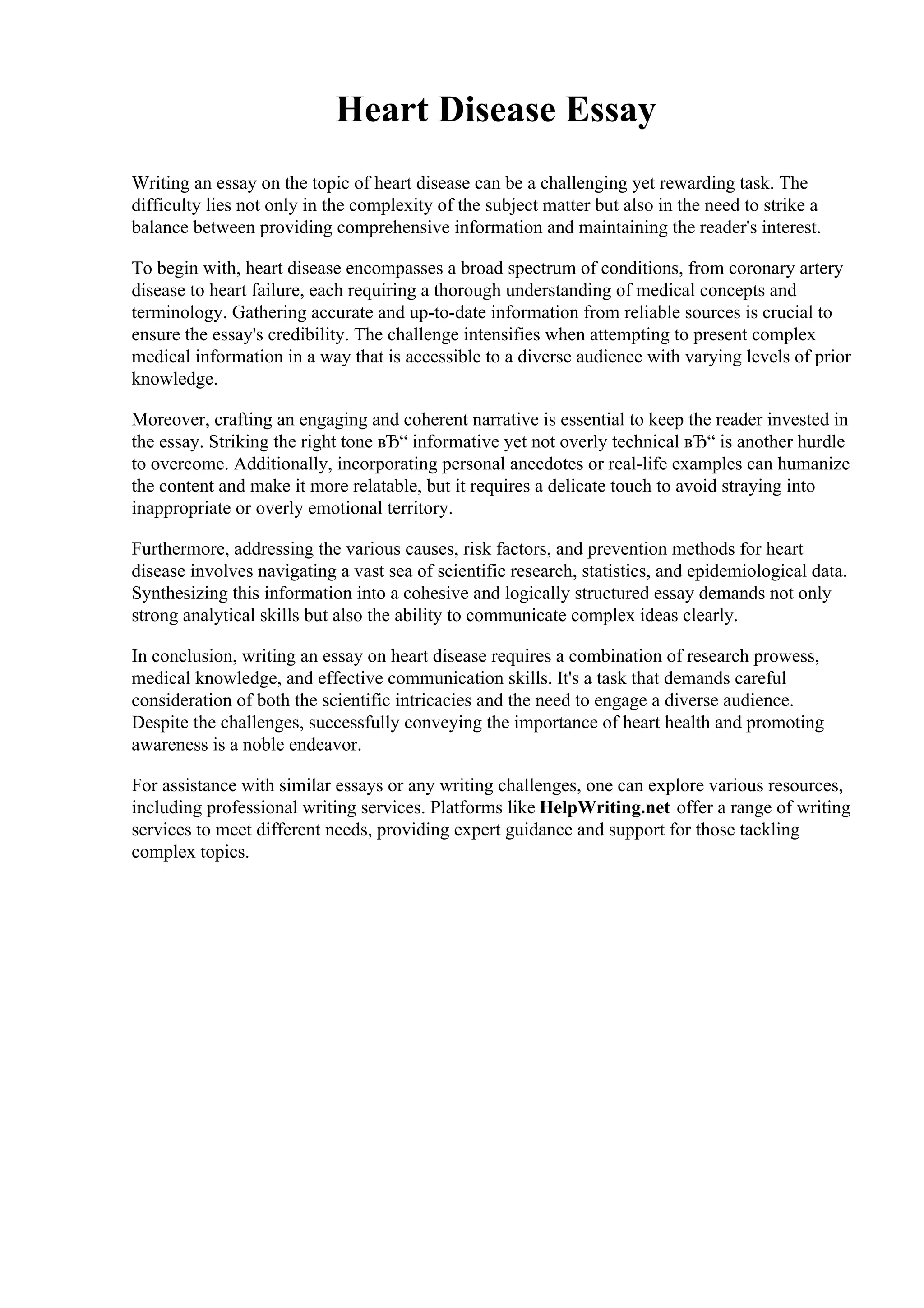 Heart Disease Essay. San Joaquin Delta College | PDF