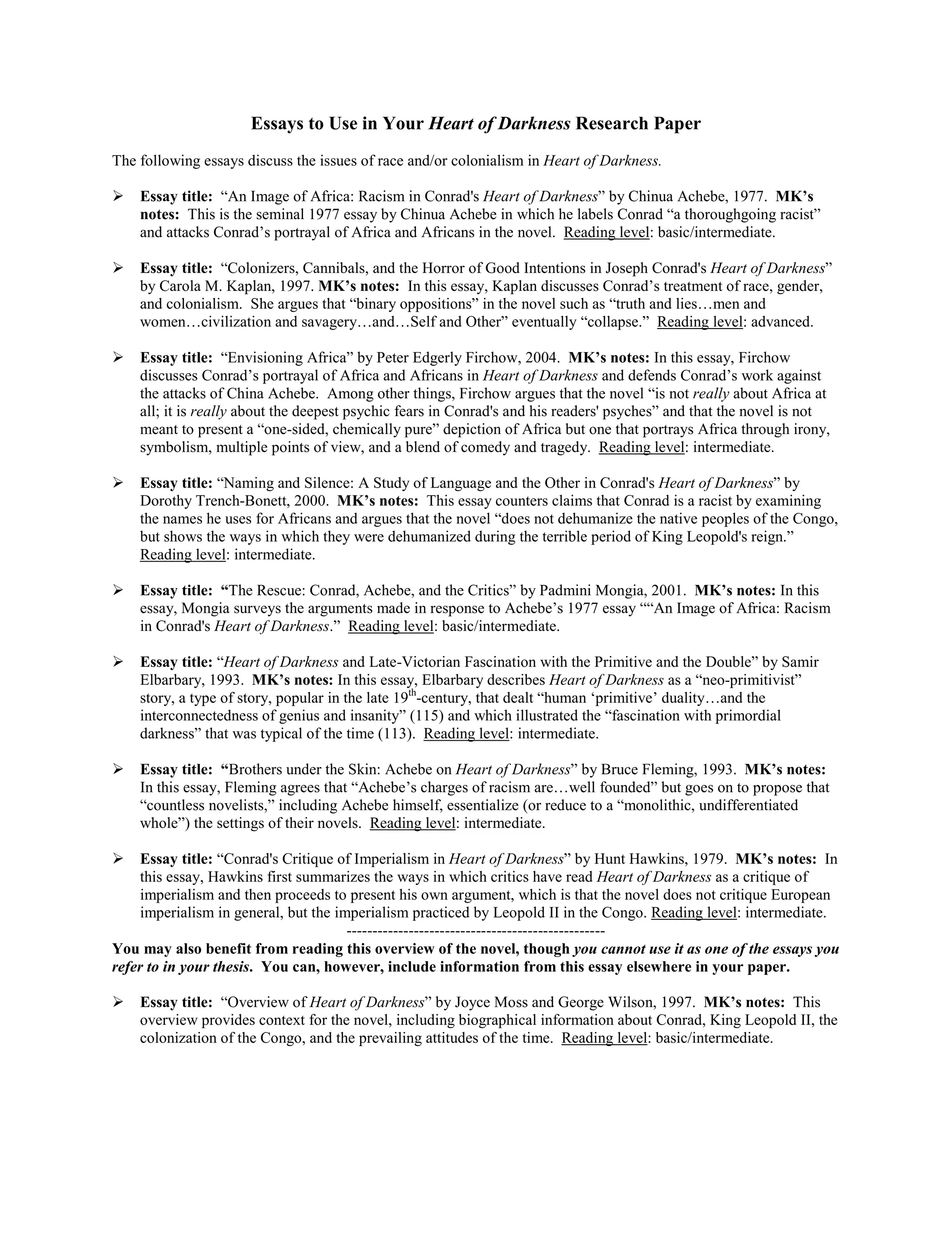 Heart of darkness research paper | PDF