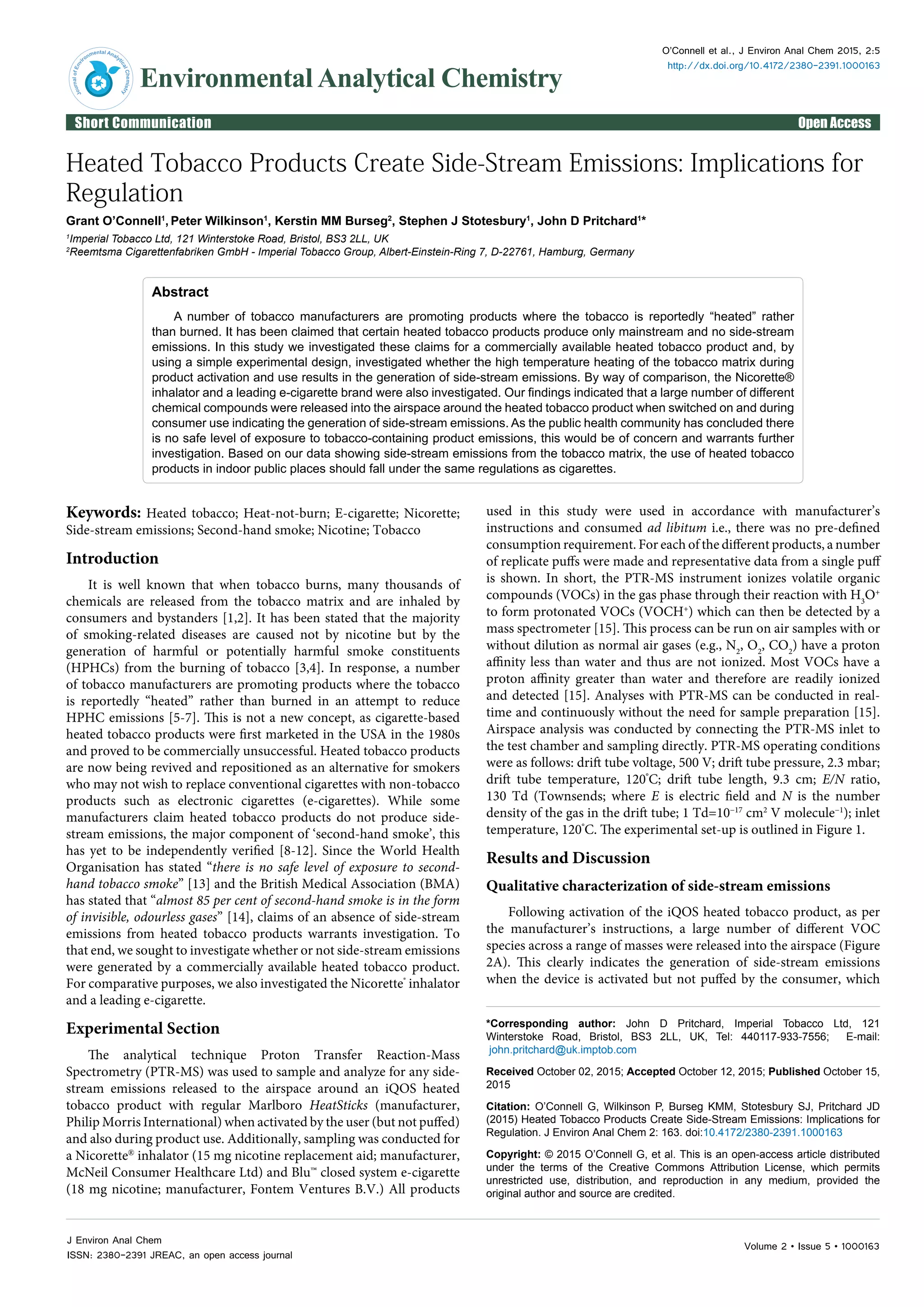 Heated Tobacco Products Create Side-Stream Emissions: Implications for ...