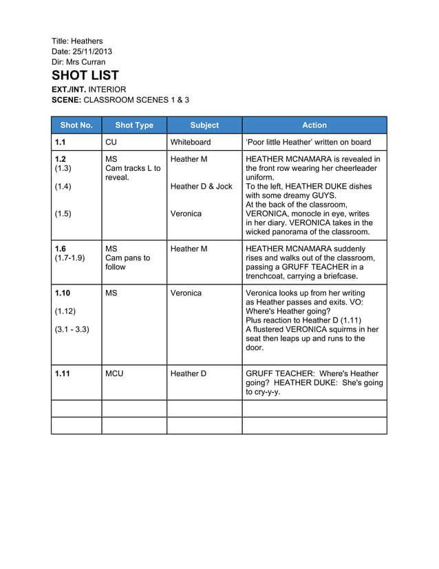 Heathers scenes 1 3 shot list | PDF