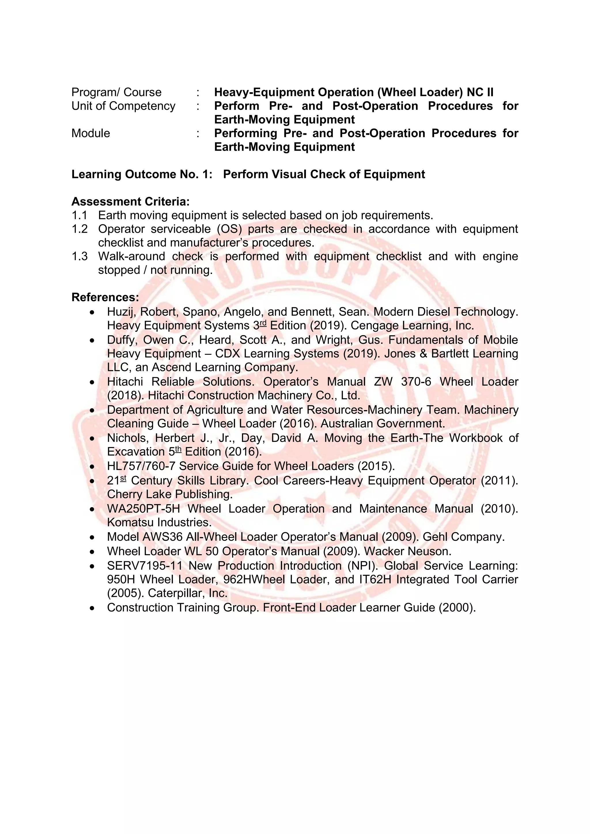 HEAVY EQUIPMENT NC II - CBLM | PDF
