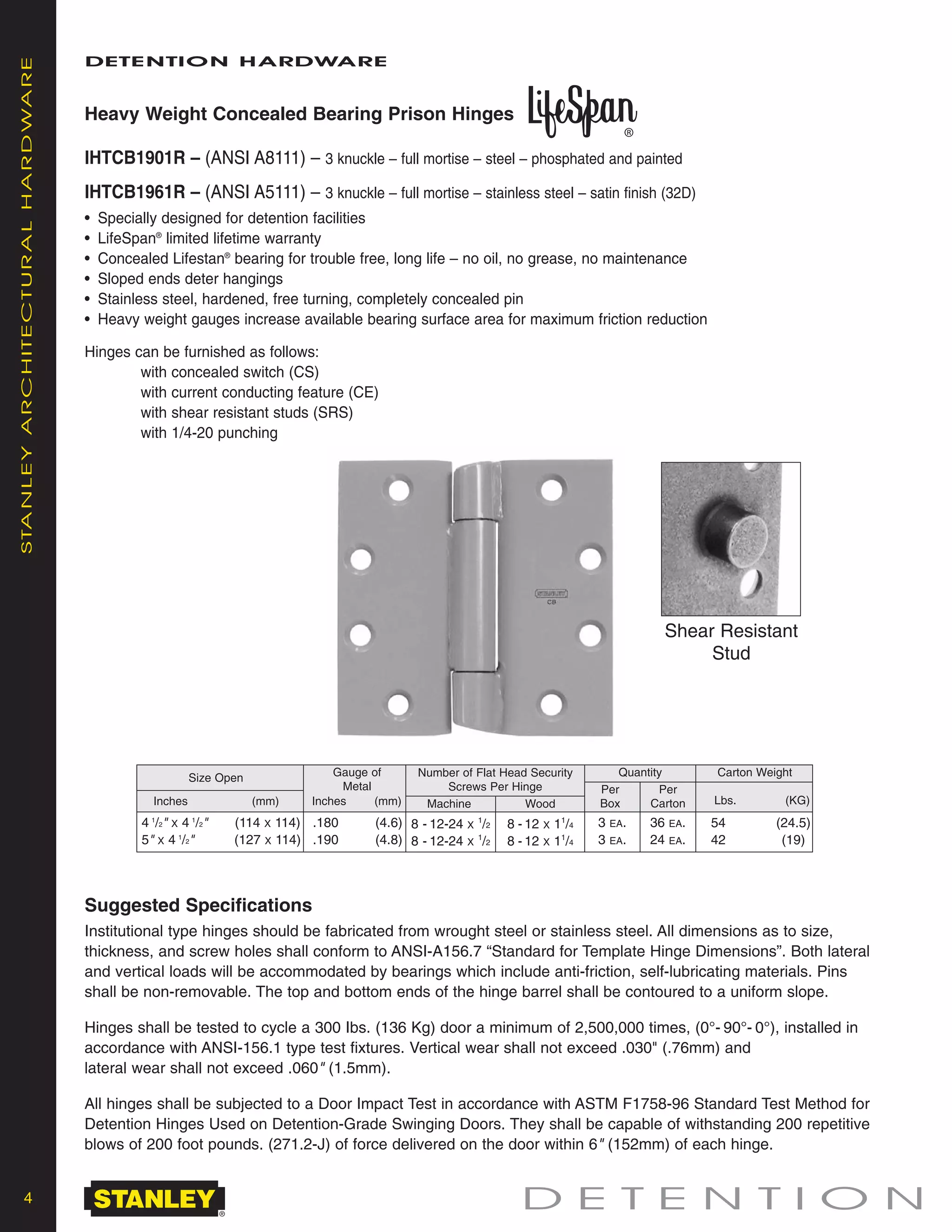 Heavy weight concealed bearing prison hinges | PDF