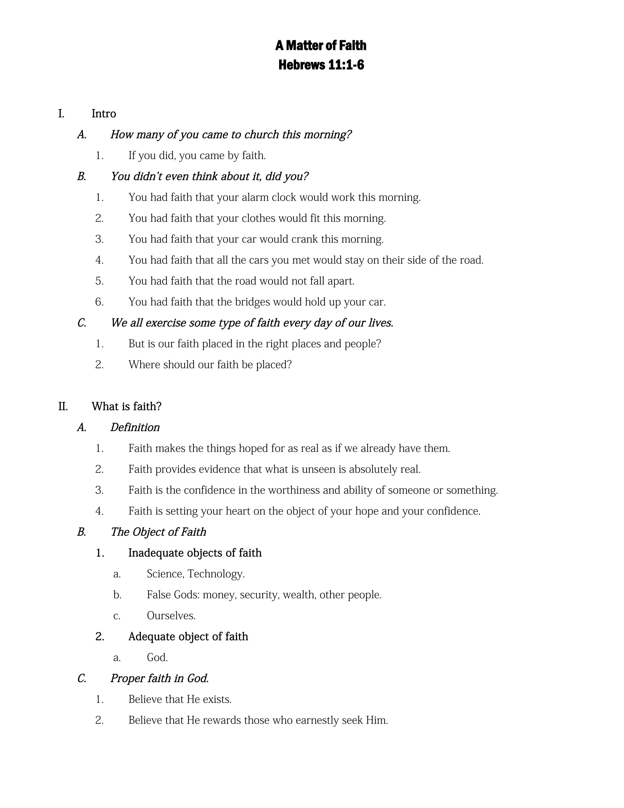 Free Sermon Outline - Hebrews 11:1-6 - A Matter of Faith | PDF