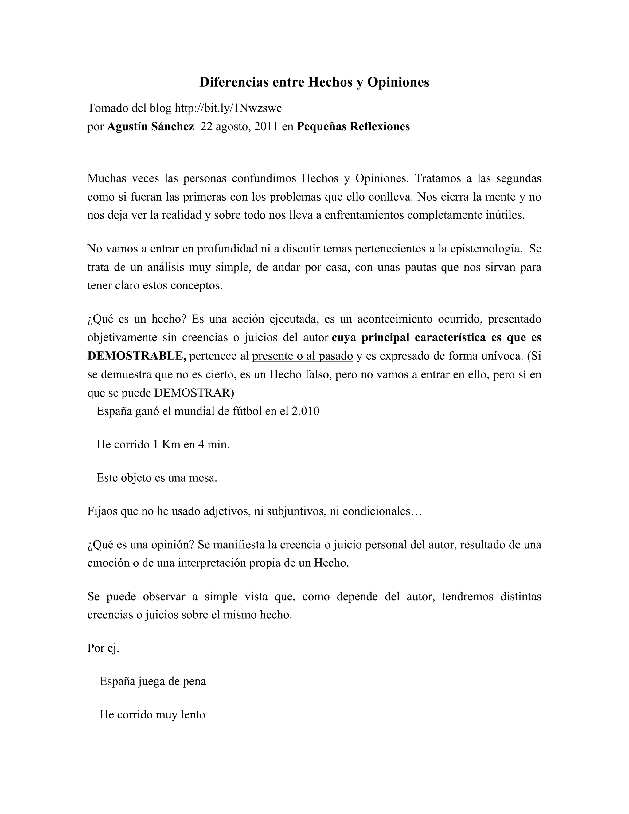 Diferencia entre hechos y opiniones Agustín Sánchez | PDF