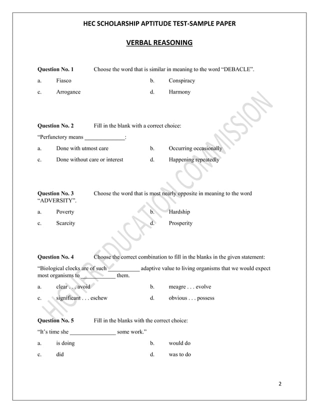 Hec scholarship test sample paper 2 | PDF | Educational Assessment ...