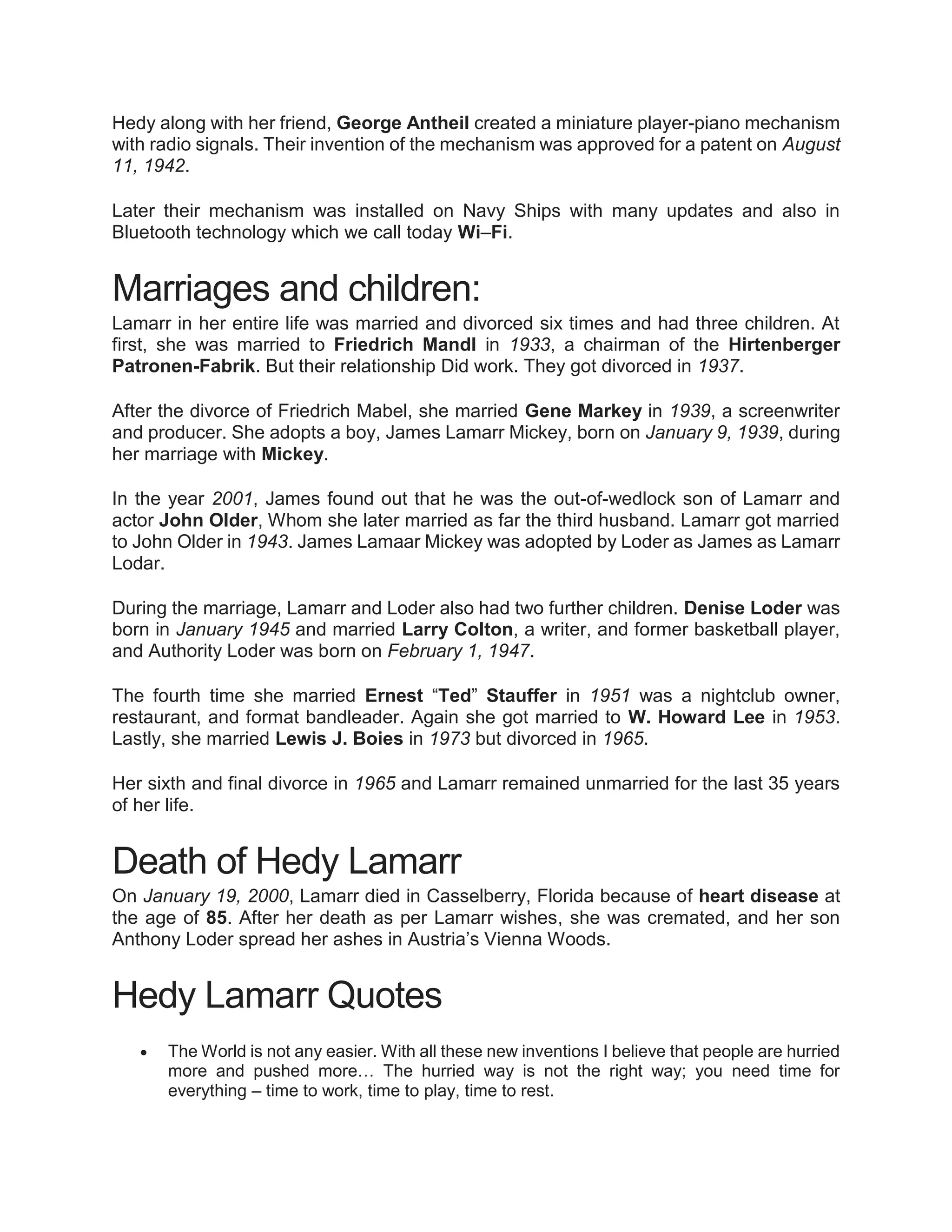 HedyHedy Lamarr: Bio, Actress, Marriage & Inventor of Wifi | PDF