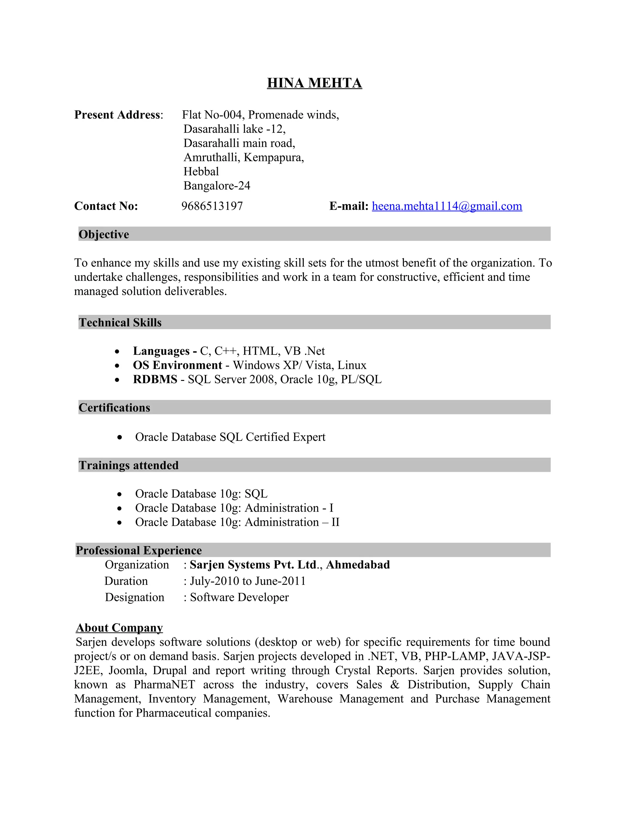 Heena mca 1_yr exp-ocp | PDF