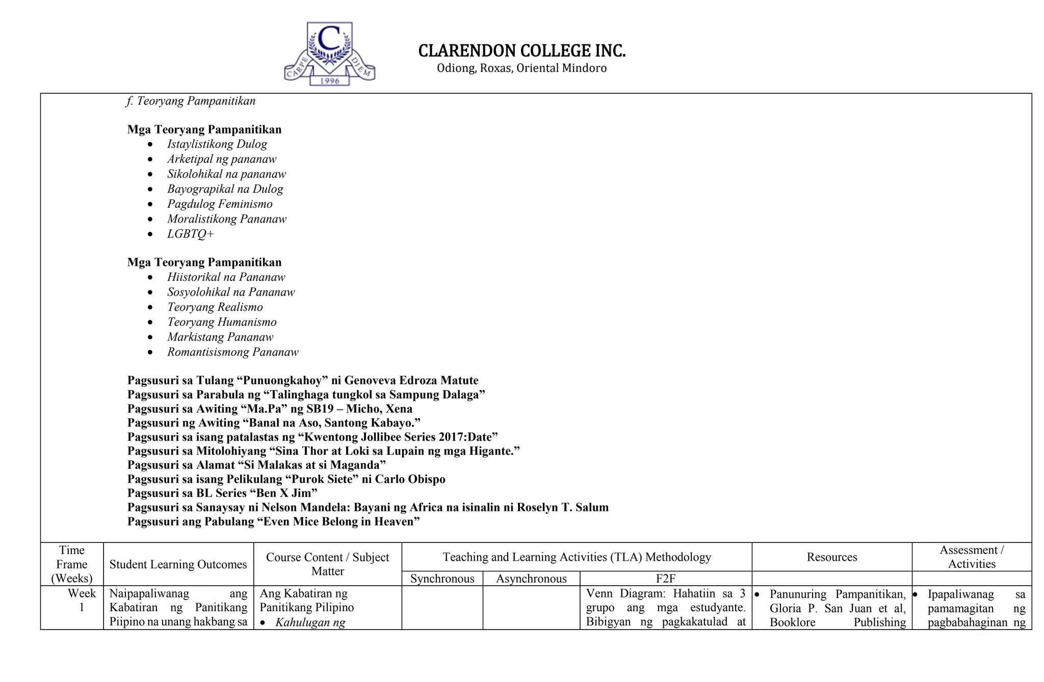 HEF Filipino Panunuring Pampanitikan Clarendon College OBE Template.docx