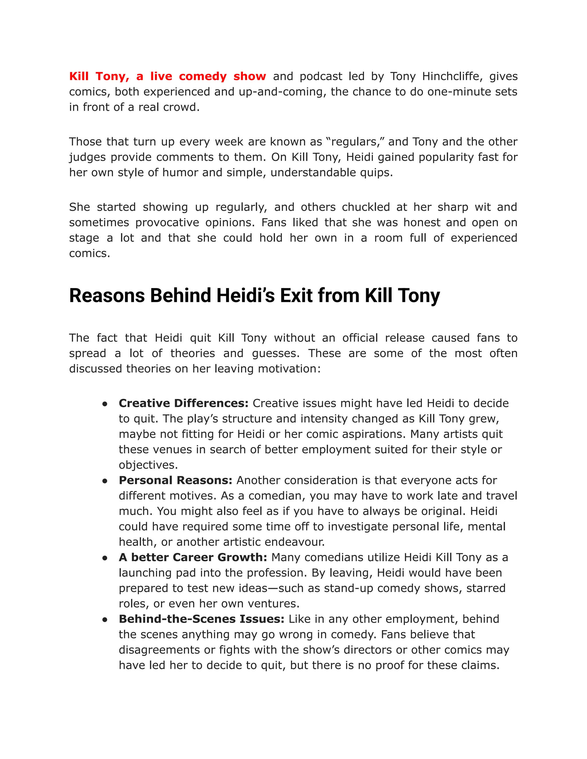 The Impact of Heidi Kill Tony on Comedy and Heidi Departure | PDF