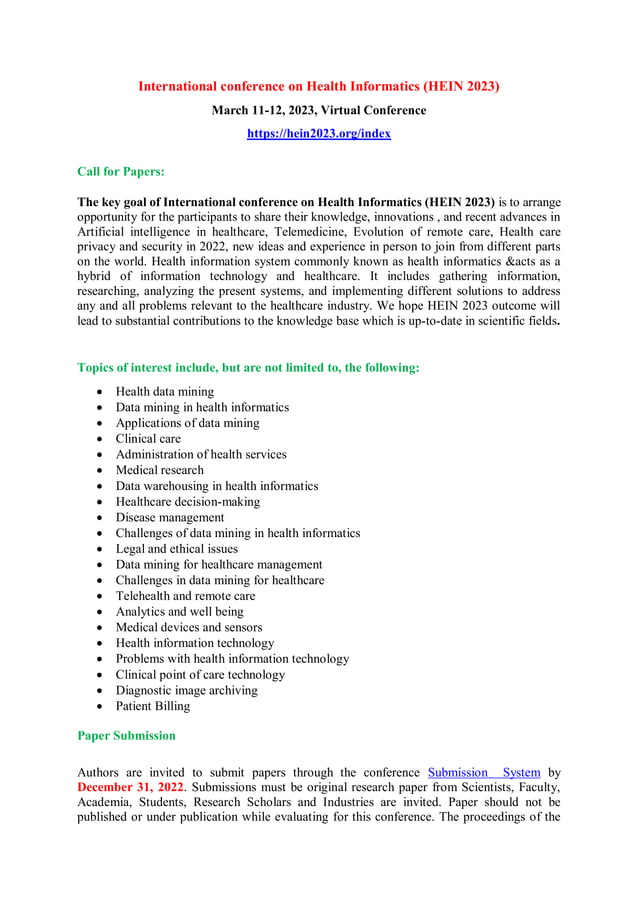 International conference on Health Informatics (HEIN 2023) | PDF