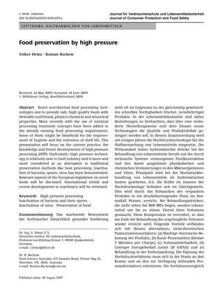 Food preservation by high pressure - Heinz 2009 | PDF