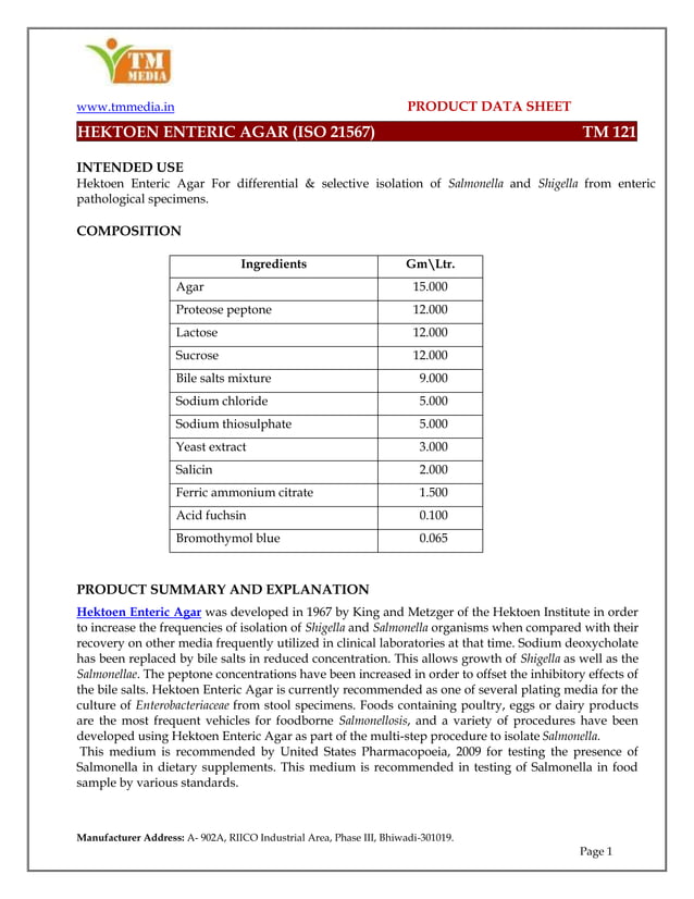 Hektoen enteric agar td | PDF