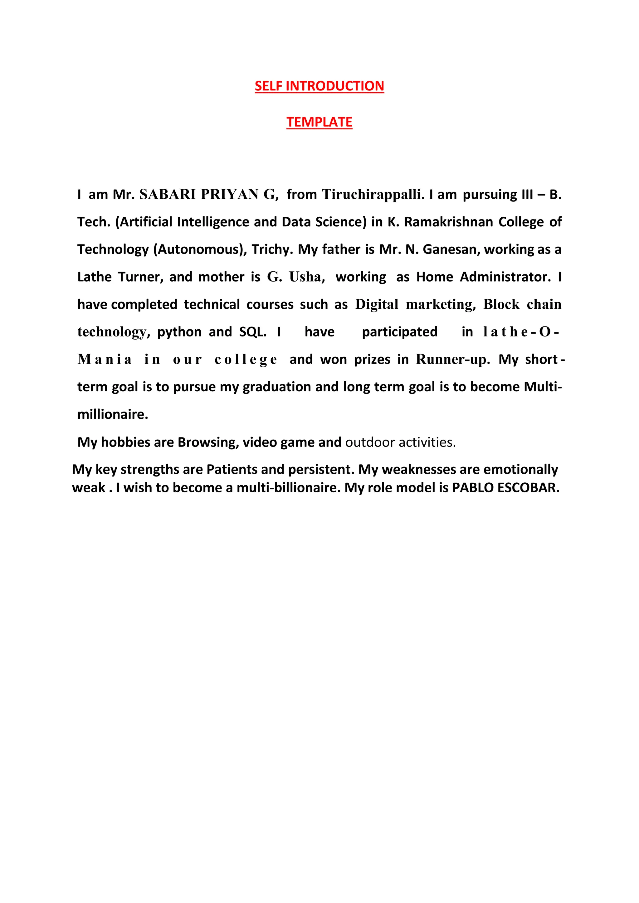 SABARI PRIYAN's self introduction as a reference | DOCX