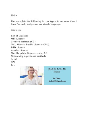 HelloPlease explain the following license types, in not more the.docx