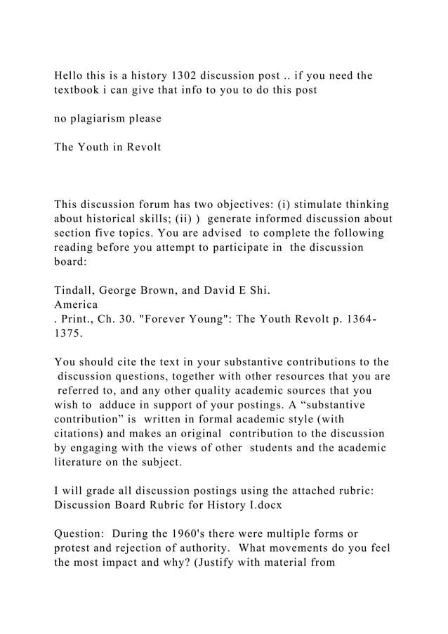 Hello this is a history 1302 discussion post .. if you need the text | PDF