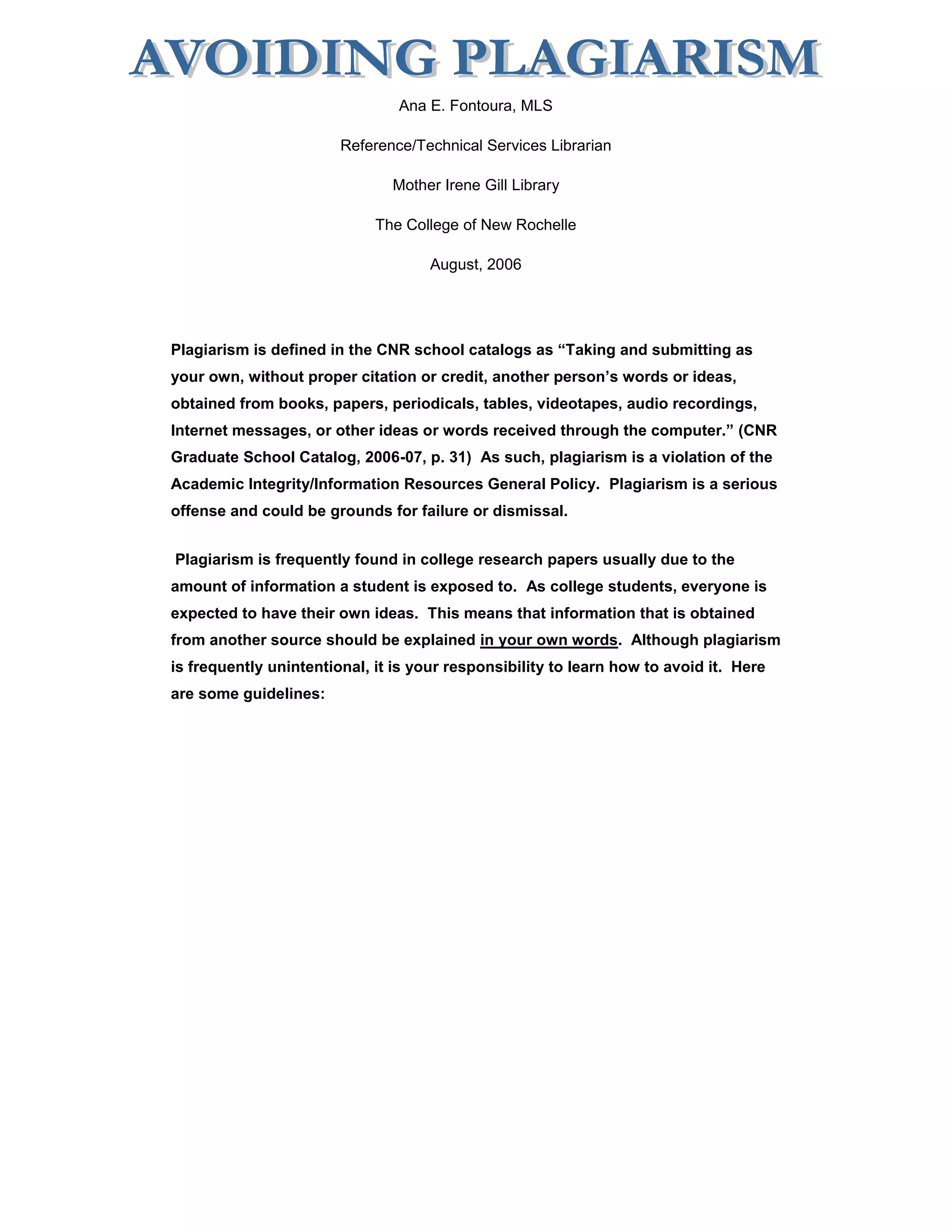 Help Avoiding Plagiarism | PDF